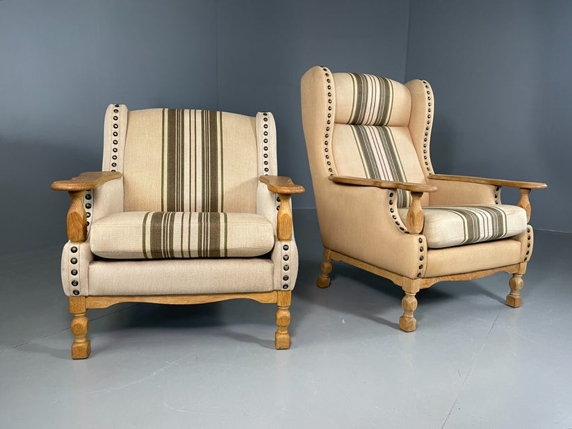 2 Danish Lounge Chairs Oak Frame Cream Wool Kjaernulf Vintage Retro EB ...